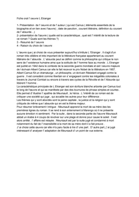 L'Étranger Camus: Fiche de Lecture, Résumé Court et Analyse (Français ...