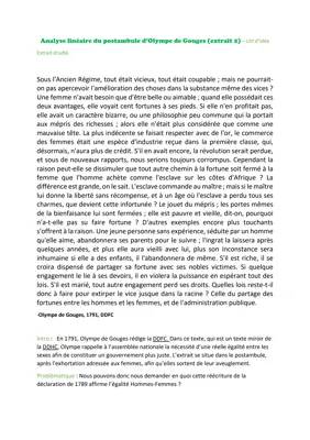 Analyse linéaire du Postambule d'Olympe de Gouges et Déclaration des ...