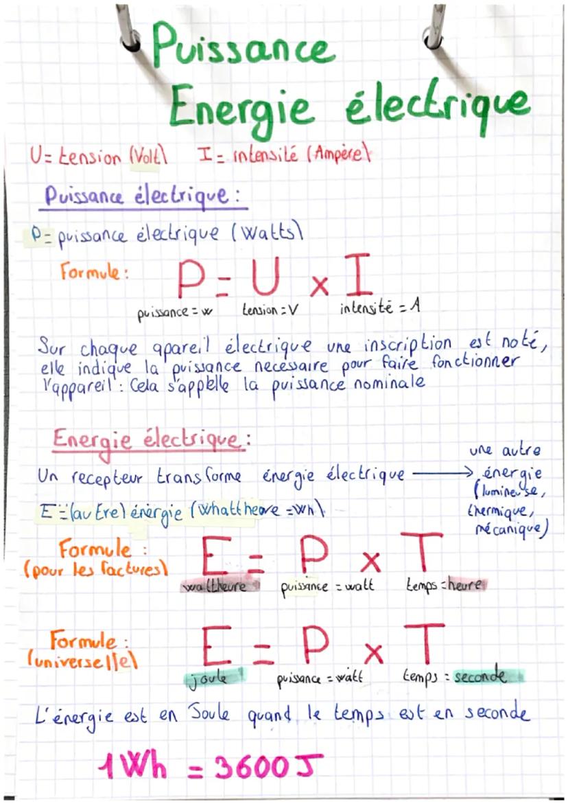 Calcul et Formules en Puissance et Énergie Électrique (Physique/Chimie ...