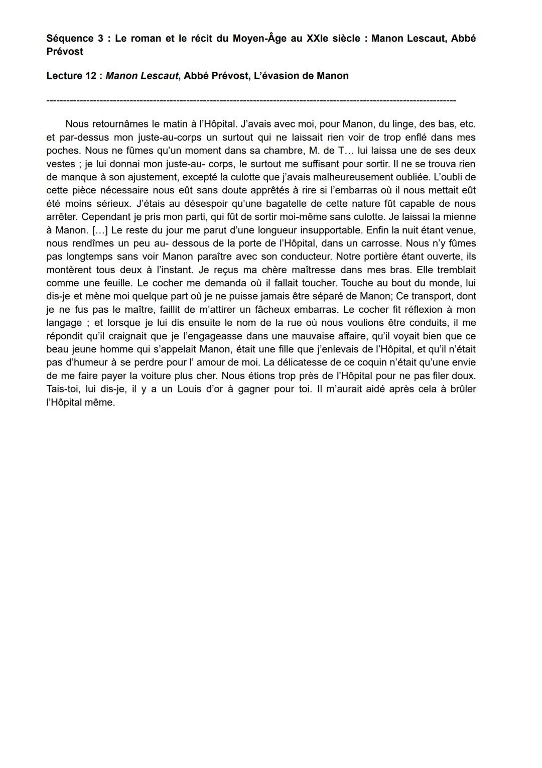 Explication simple: Manon Lescaut : L'évasion de l'hôpital et de Saint Lazare - Analyse linéaire ...