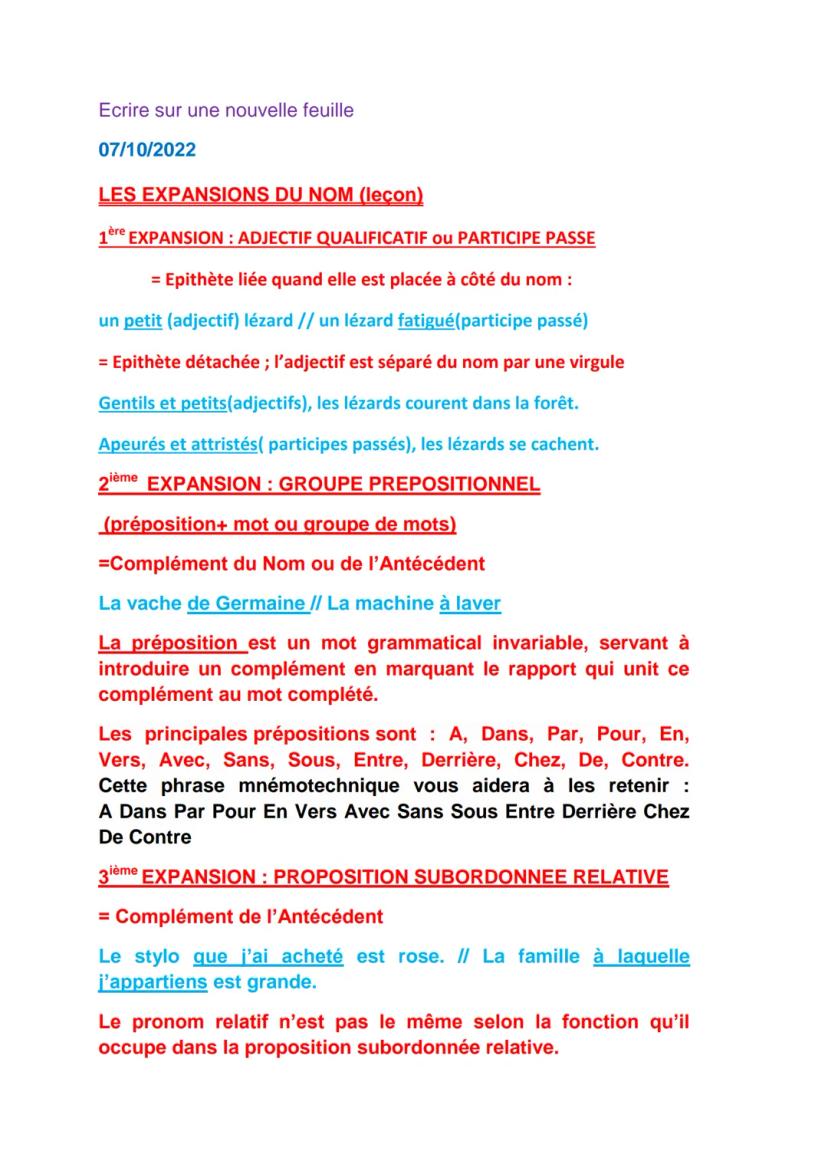 Les expansions du nom: exemples et exercices pour 5ème, 4ème et 3ème ...