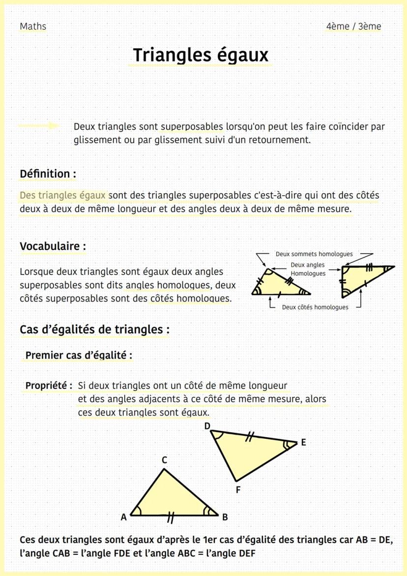 Triangles égaux en 4ème : Cours complet et exercices corrigés (Maths ...