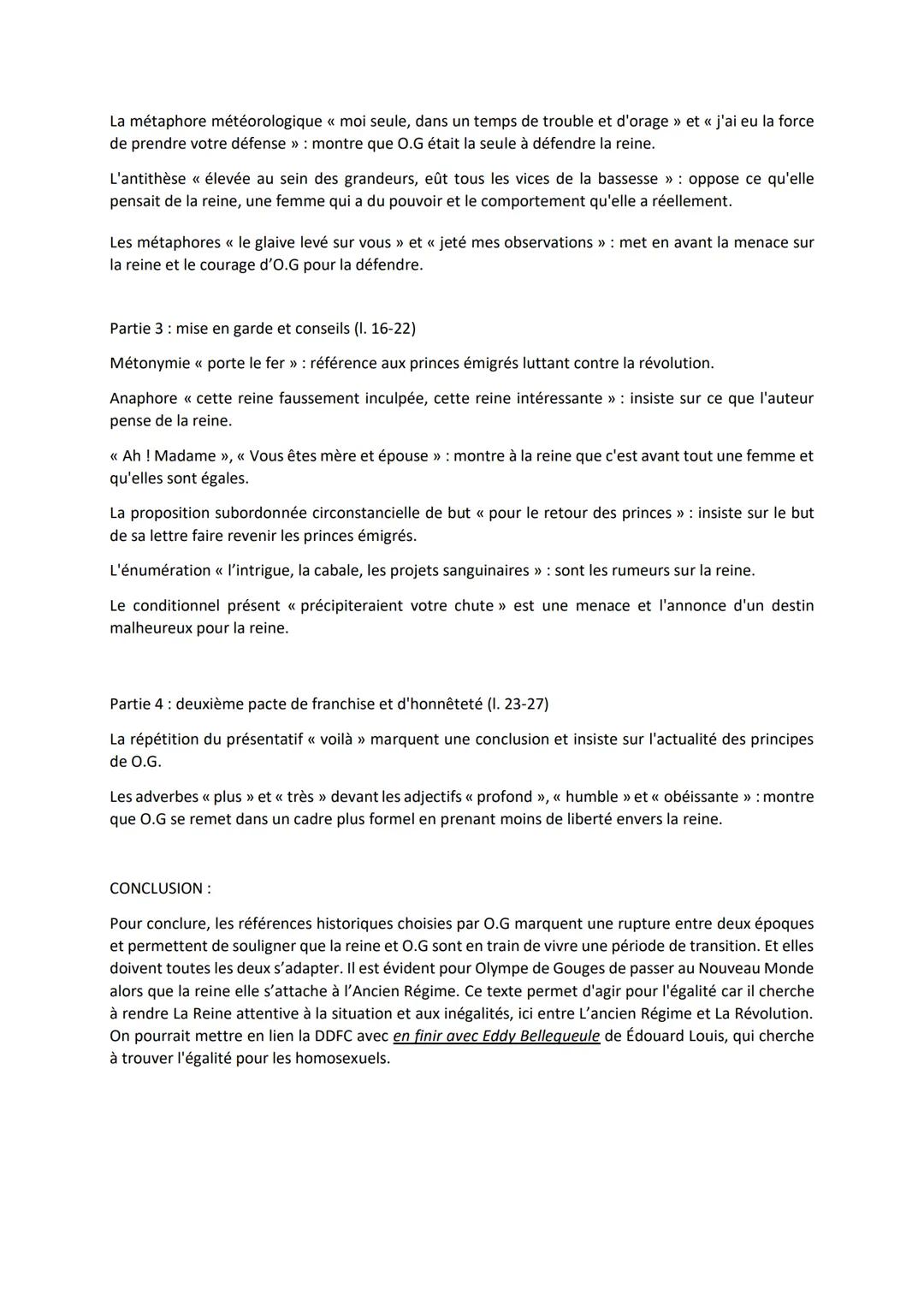 Analyse linéaire de la Dédicace à la Reine par Olympe de Gouges ...