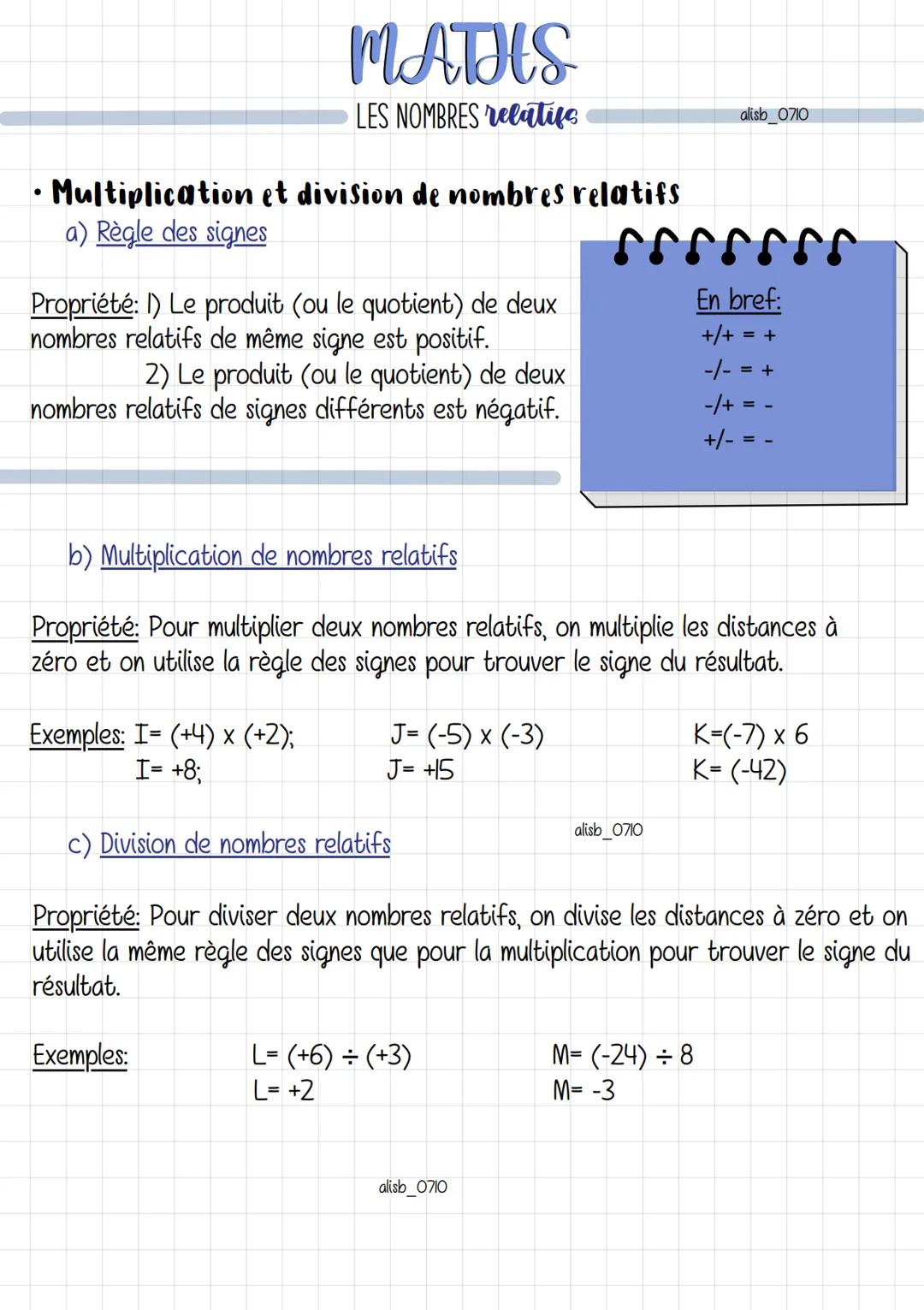 Exercices corrigés sur les nombres relatifs (5ème) : règles de calcul et fiche de révision ...