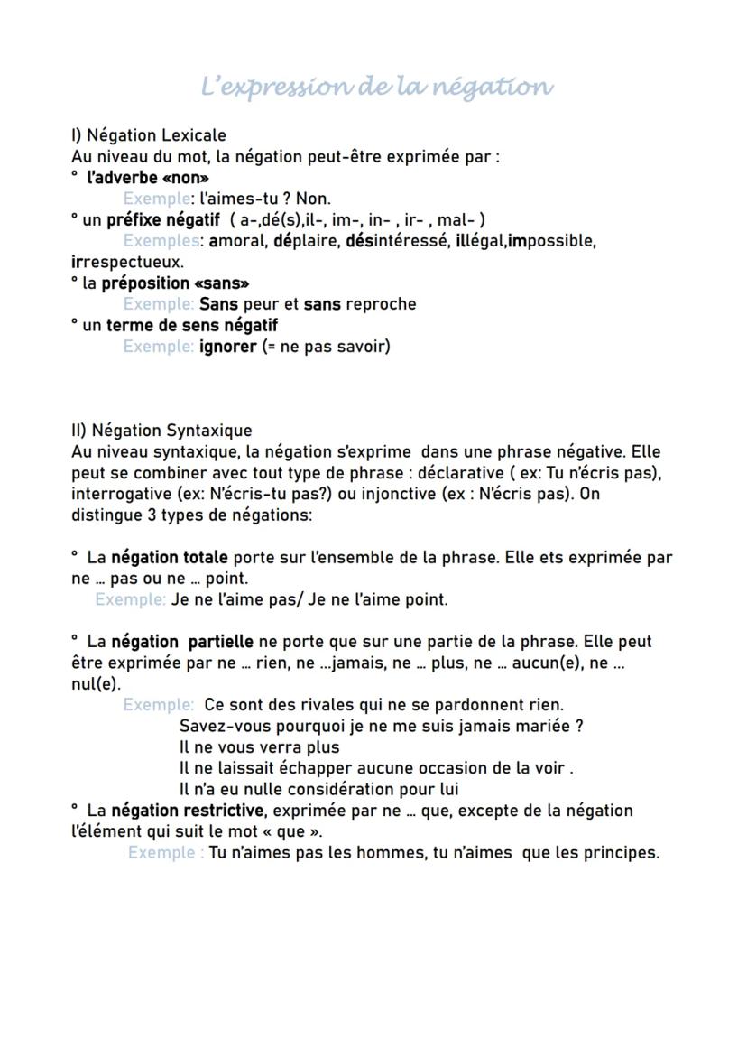 La négation en français pour 1ère - Exercices et PDF faciles (Français ...