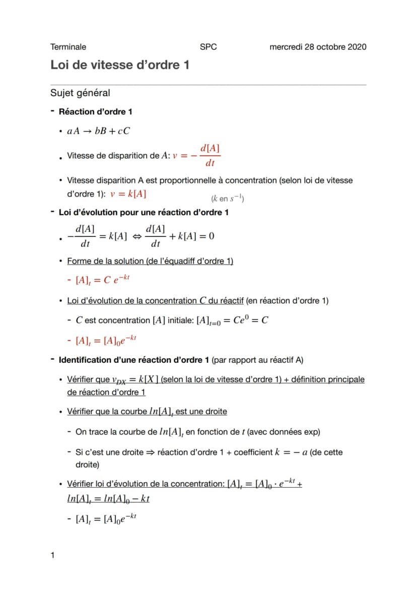 Explication simple: Cours de Chimie: Loi de Vitesse d'Ordre 1 et 2 ...