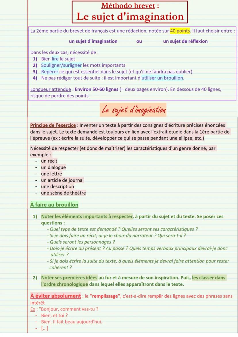 Méthodologie complète pour réussir le sujet d'imagination au brevet ...