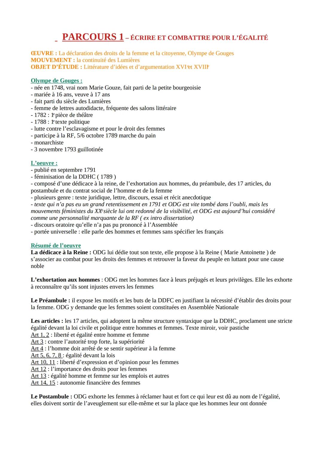 Explication simple: Fiche révision DDFC de Olympe de Gouges (Français ...