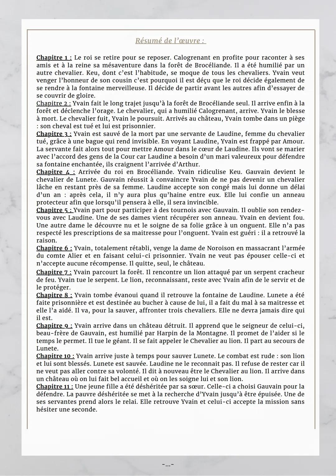 Explication simple: Fiche de lecture Yvain ou le Chevalier au lion 5ème ...