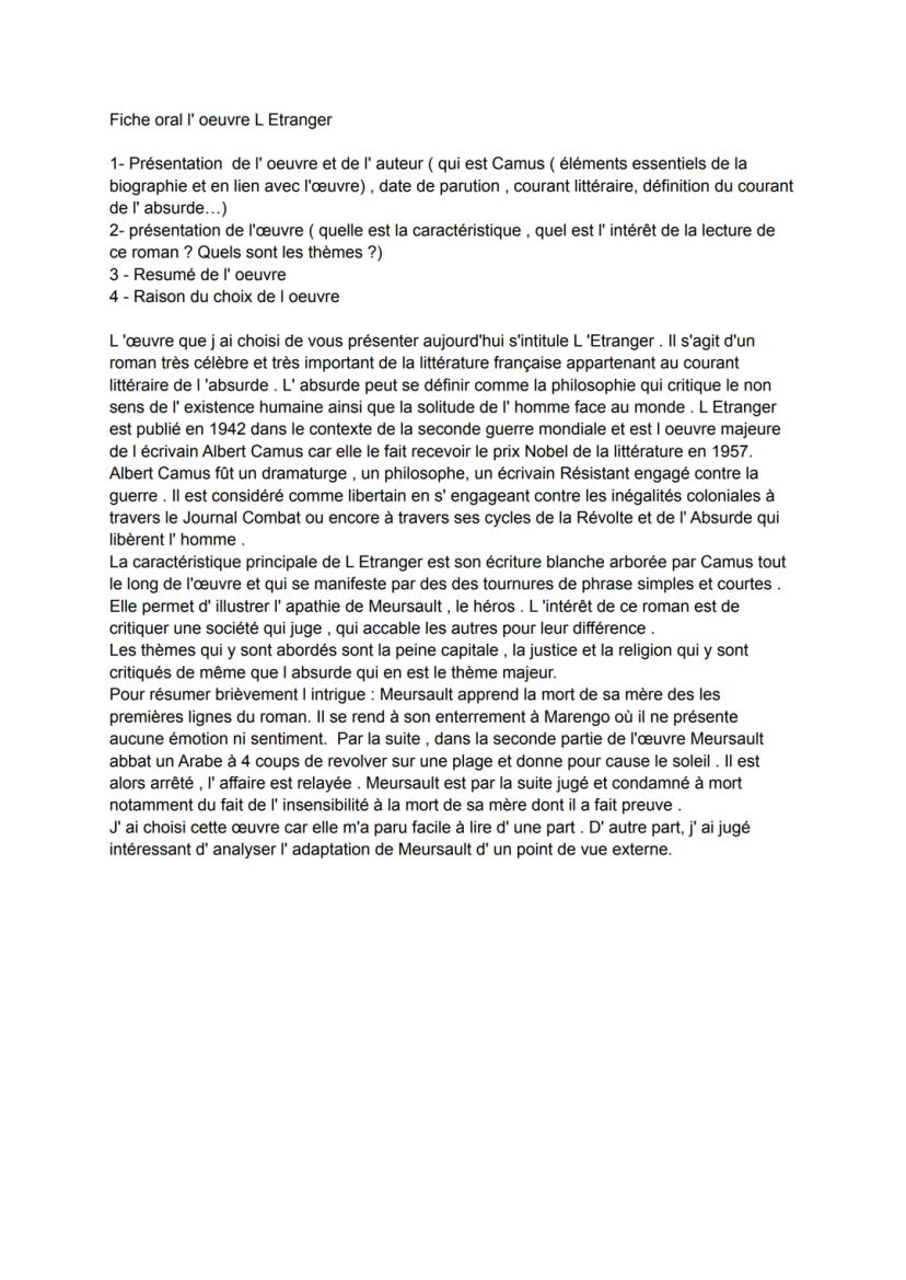 L'Étranger Camus: Fiche de Lecture, Résumé Court et Analyse (Français ...