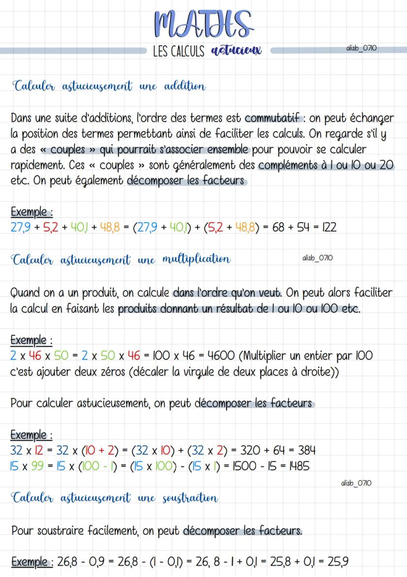 Explication simple: Apprends le Calcul Astucieux en T'amusant - Exercice et PDF 6ème (Maths ...